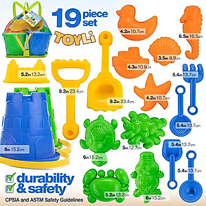 TOYLI Sand Toys Beach Set 19 Pieces with Bag, Sand Buckets, Shovels, Sand Sifters, Rakes, Sand Molds, Pail and Shovel Set for Kids Children Beach Toys for Toddlers 1-2 Snow Toys