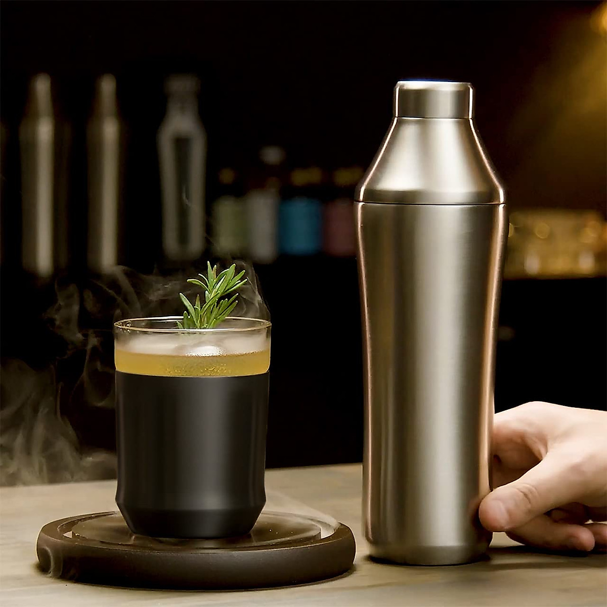 Elevated Craft Hybrid Cocktail Shaker + Hybrid Cocktail Glass - Home Bar Essential Bundle - Premium Vaccum Insulated Cocktail & Steel Base with Removable Glass Insert, Innovative Measuring System
