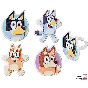 DecoPac Bluey So Much Fun Rings, Cupcake Decorations Featuring Bluey, Bingo, Bandit, and Chilli, 3D Food Safe Cake Toppers – 24 Pack