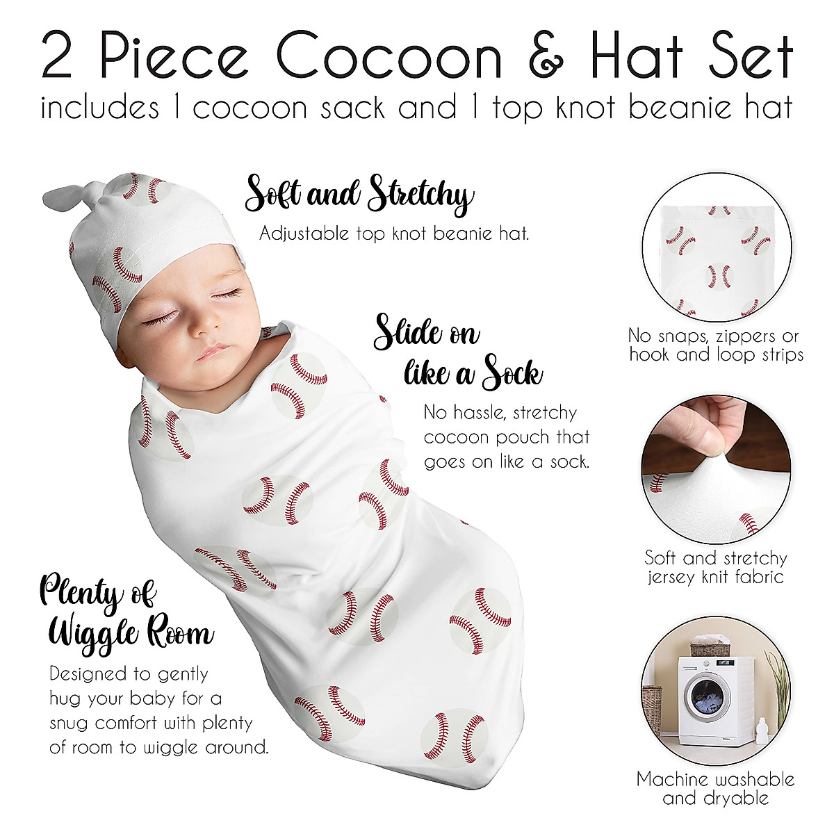 Sweet Jojo Designs Baseball Baby Boy Cocoon and Beanie Hat 2pc Set Jersey Stretch Knit Sleeping Bag for Infant Newborn Nursery Sleep Wrap Sack - Red and White Americana Sports