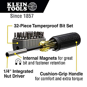 Klein Tools 32510 Magnetic Multibit Screwdriver with Sturdy Torx, Hex, Spanner, Tri-Wing, Torq and Nut Tamperproof Bits and Storage Block