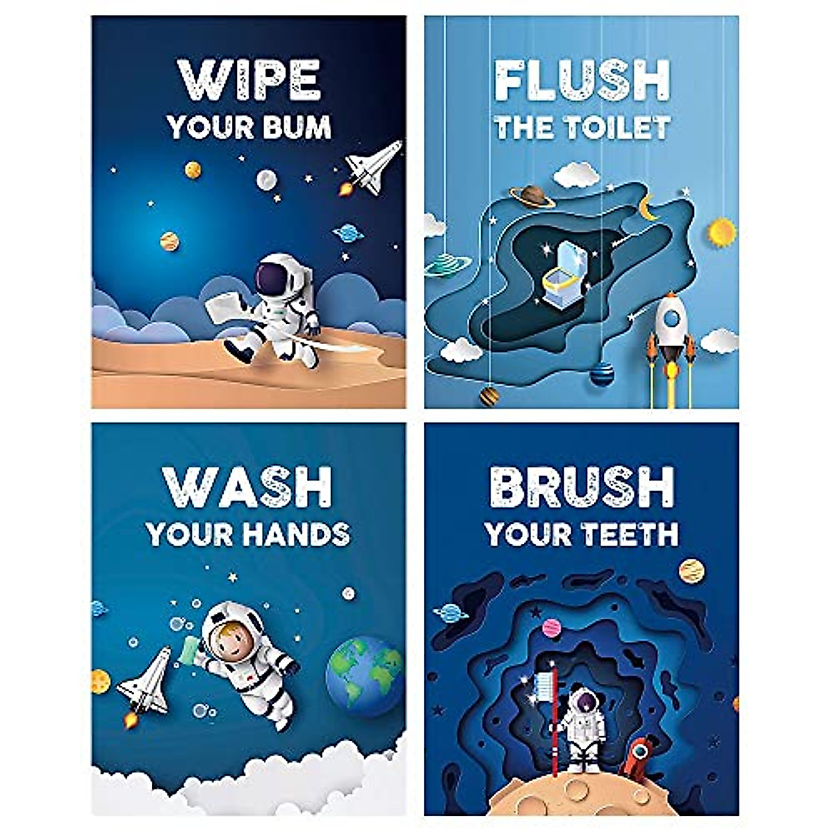 FALJIOK Funny Bathroom Outer Space Planet Wall Art Prints Decor, Bathroom Sign Brush Wash Brush, Bathroom Gift for Kids Son Brother Grandson Set of 4 (8”X10”) Unframed