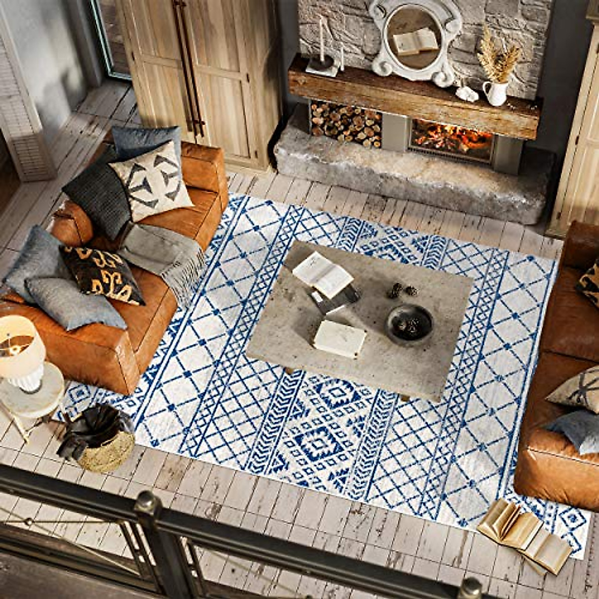 JONATHAN Y MOH103A-8 Moroccan Hype Boho Vintage Tribal Cream/Blue 8 ft. x 10 ft. Area-Rug, Bohemian, Easy-Cleaning, for Bedroom, Kitchen, Living Room, Non Shedding