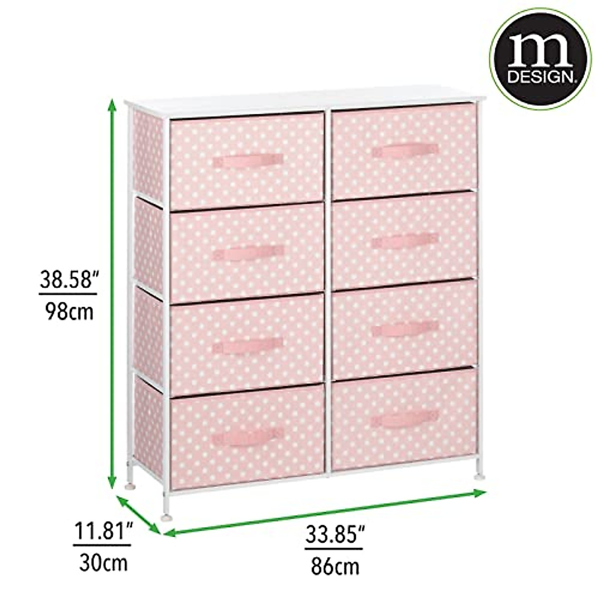mDesign 38.31" High Steel Frame/Wood Top Storage Dresser Furniture, 8 Fabric Drawers, Large Bureau Organizer for Baby, Kid, Teen Bedroom, Nursery, Playroom, Dorm, Pink/White Polka Dot