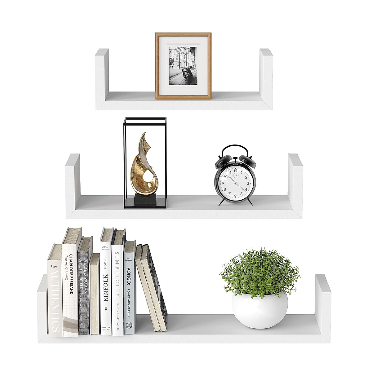 AMADA HOMEFURNISHING Floating Shelves Wall Mounted, Wall Shelf for Bedroom/Bathroom/Living Room/Kitchen, White Shelves 3 Sizes, U-Shaped - AMFS13-W