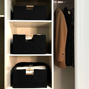 xianshengle Fabric Storage Basket for Shelves, Collapsible Storage Bins with wood Handles, Rectangle Closet Baskets, Wardrobe Organiser, for Sorting Clothes, Family Items (Black) (1)