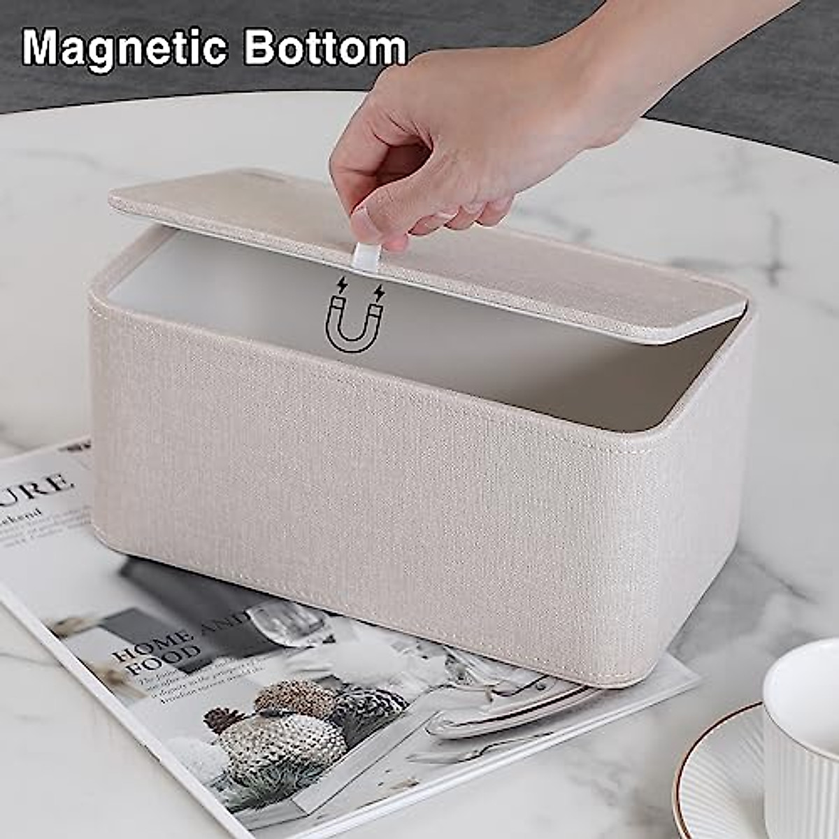 MEIBOOCH PU Leather Tissue Box Cover with Magnetic Closure, Square Tissue Box Holder with Rounded Edges Design (Beige, Rectangular)
