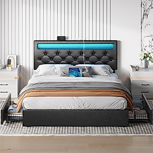 Rolanstar Twin Size Bed Frame with Charging Station and LED Lights, Upholstered PU Leather Bed with Adjustable Headboard and 4 Storage Drawers, No Box Spring Needed, Easy Assembly, Black