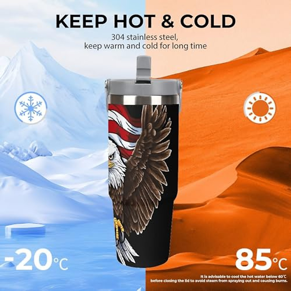 30oz Stainless Steel Insulated Tumbler with Flip Lid & Straw, Leakproof Travel Mug for Car, USA Flag Patriotic Eagle Double Wall Vacuum Thermal Coffee Cup with Handle, Spill-Proof Design for Hot/Cold