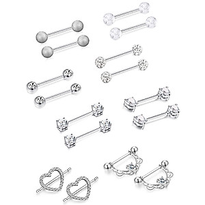 FINREZIO 8 Pairs 14G Nipple Rings 316L Surgical Steel Heart CZ Tongue Barbell Body Piercing Shield Ring Set 5/8 Inches(Silver tone)