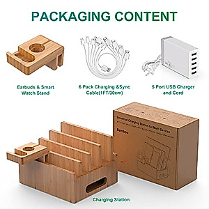 Bamboo Charging Station for Multiple Devices with 5 Port USB Charger, 6 Cables and Smart Watch & Earbuds Stand. Pezin & Hulin Desk Docking Stations Electronic Organizer for Cell Phone, Tablet