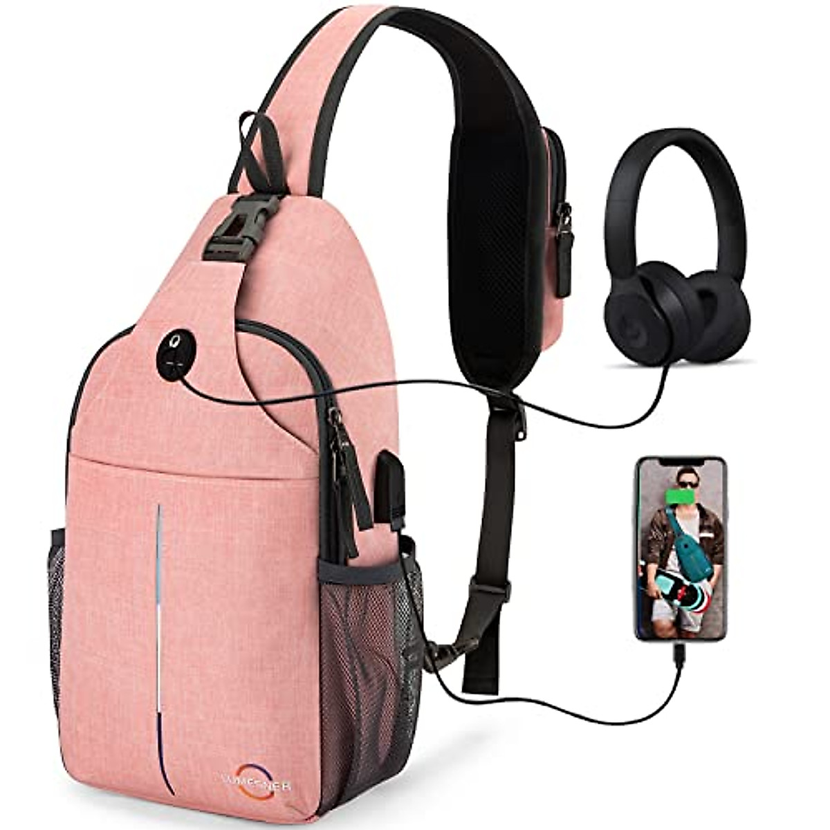 Lumesner Sling Bag Crossbody Sling Backpack with USB Charging Port,Water Resistant Shoulder Bag for Men Women,Lightweight One Strap Backpack Chest bag for Hiking,Cycling,Biking