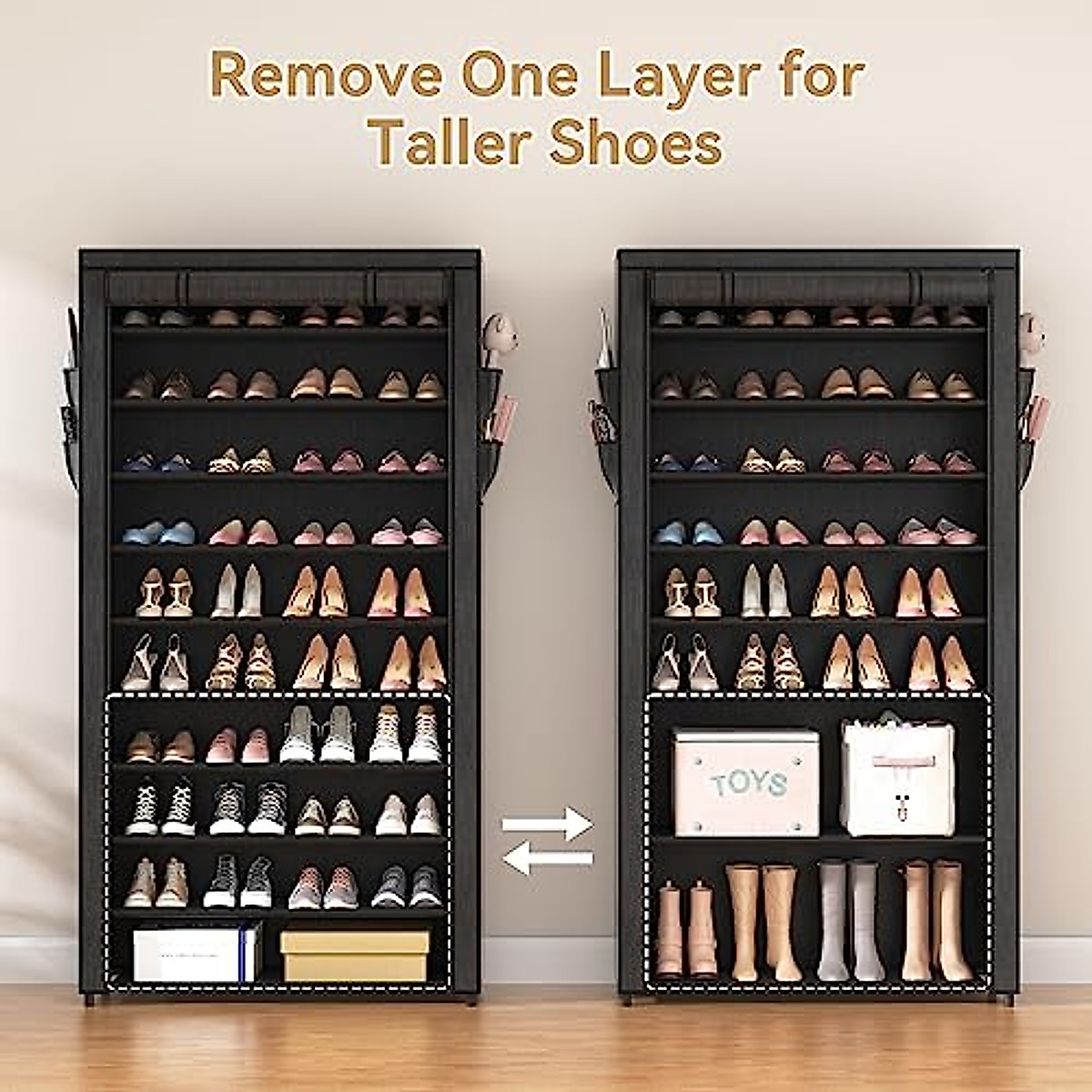 ROJASOP 10 Tier Shoe Rack with Covers,Large Capacity Stackable Tall Shoe Shelf Storage to 50-55 Pairs Shoes and Boots Sturdy Metal Free Standing Shoe Rack Organizer for Closet Entryway Garage Bedroom