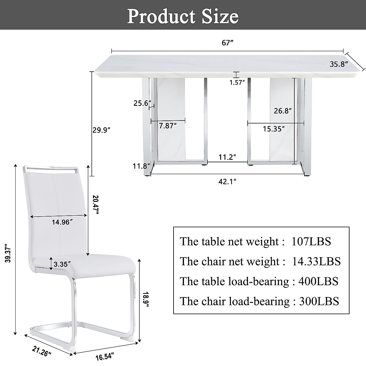 Dining Table Set for 6,White Glossy Kitchen Table and Chairs,67" Marble Decals Kitchen Table Set 6 with PU Leather Dining Chairs,1.57" Thick MDF Wood Board Top with Chrome Plate Sliver Metal Base