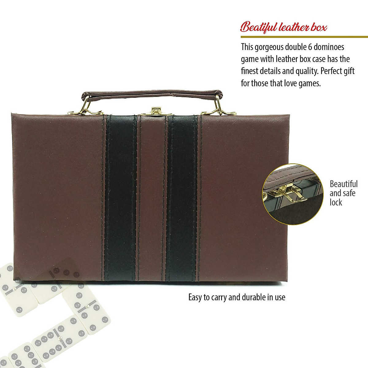 ERLLE Dominos Set Game. Premium Classic 28 Pieces Double Six Domino. Durable Leather Box. Kids, Boys, Girls, Party Favors and Anytime Use. Duoble 6 Dominoes. (Pro)