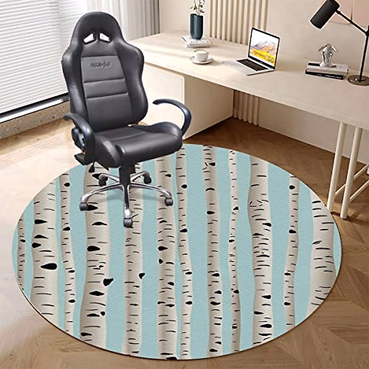 Green Grey PU Leather Round mat Office Chair Mat Dense Tree Formation White Fall Birch Trees Hardwood Floor mat Chair mat Round Chair Cushion for Desk Chair Office ChairCushion Forest Diameter 55 in