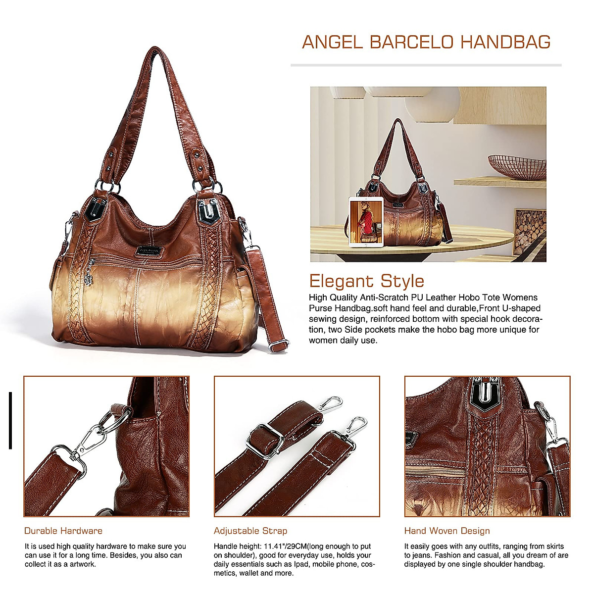 Angel Barcelo Roomy Fashion Hobo Womens Handbags Ladies Purse Satchel Shoulder Bags Tote Washed Leather Bag Brown