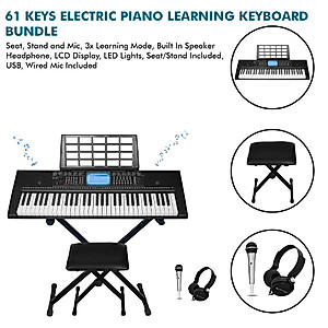 Technical Pro 61 Keys Electric Piano Learning Keyboard Bundle with Seat, Stand and Mic, 3x Learning Mode, Built In Speaker Headphone, LCD Display, LED Lights, Seat/Stand Included, USB, Wired Mic