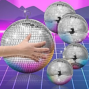4 Pack Large Disco Ball Silver Hanging Disco Balls Reflective Mirror Ball Ornament for Party Holiday Wedding Dance and Music Festivals Decor Club Stage Props DJ Decoration (8 Inch, 6 Inch, 4 Inch)