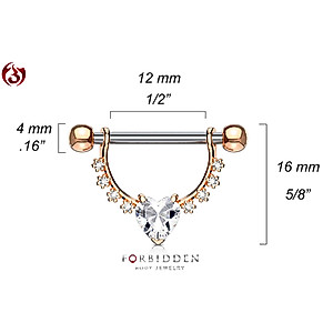 Forbidden Body Jewelry Pair of Surgical Steel 1/2 Inch D-Ring Style CZ Heart Dangle Nipple Barbells, Clear (Rose Gold Tone)