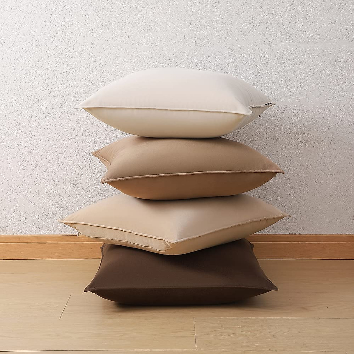 WEMEON Velvet Throw Pillow Covers 18x18 Set of 4,Solid Color Pillows Soft Decorative Square Couch Pillow Covers,Mix and Match Home Decor for Sofa Bedroom Car Couch (Brown/Beige)