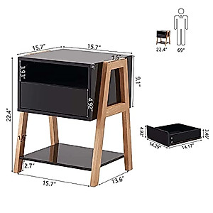 UYIHOME Nightstand Set of 2 with Drawers and Open Shelves, Modern High Gloss Bedside Table with Storage & Trapezoid Rubberwood Leg Frame, Sofa Side End Accent Table for Bedroom, Black