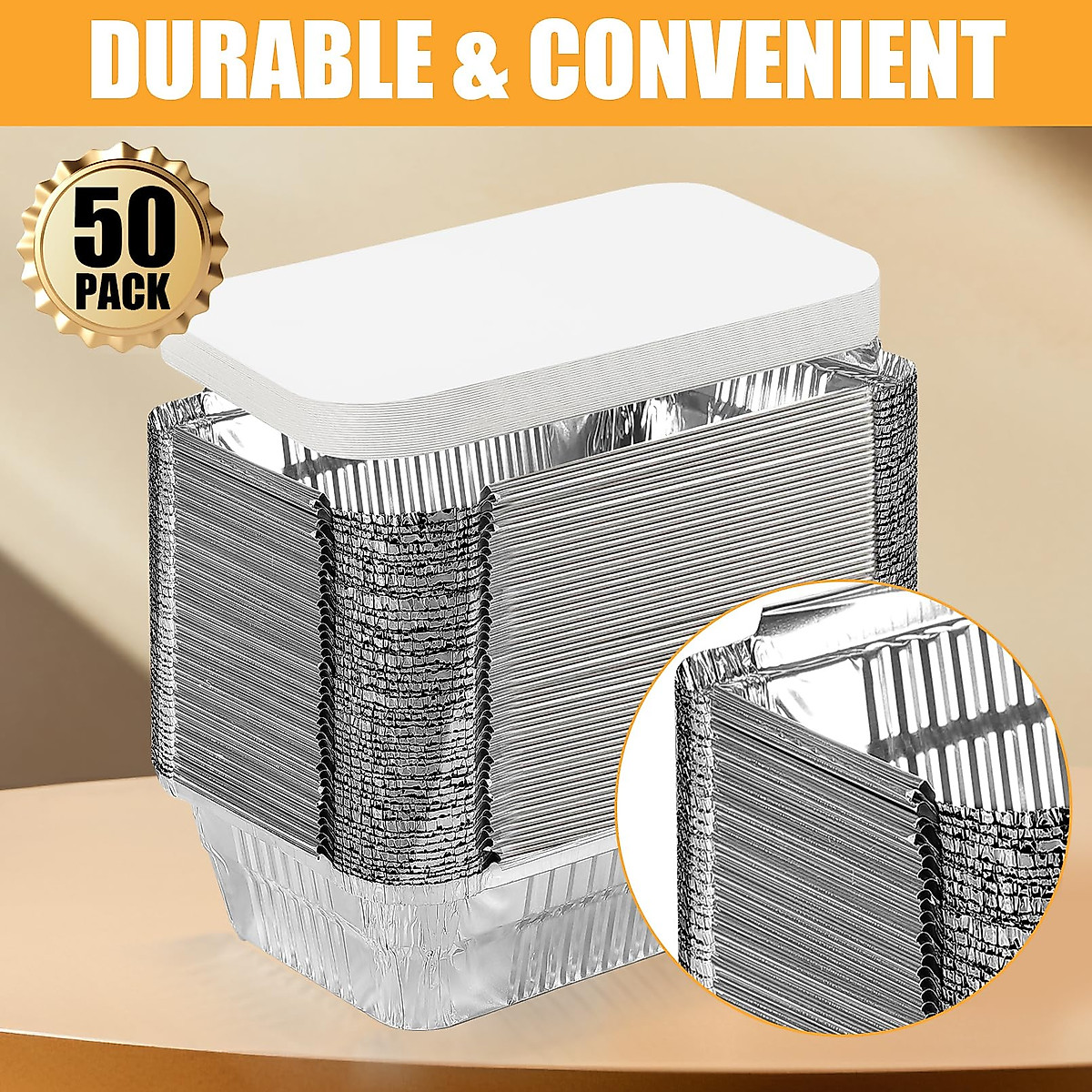 IJRPLM 50 Pack Foil Pans with Lids,2.25 LB Aluminum Pans with Lids,Foil Food Containers,Disposable Takeout Pans For Catering Baking Takeout-50 Pans and 50 Cardboard Covers(8.5"×6")