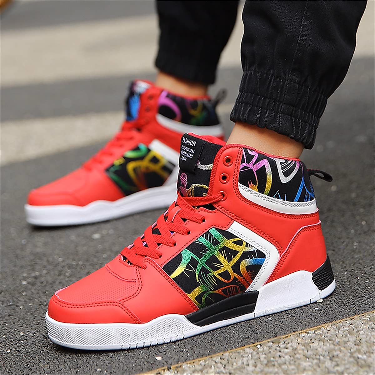 WSPOSUS Unisex Fashion High Top Basketball Sports Shoes Stylish Casual Skate Sneaker (Red, Adult, Men, Numeric_8, Numeric, us_Footwear_Size_System, Medium)
