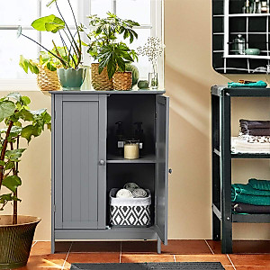 Tangkula Bathroom Floor Cabinet, Freestanding Storage Cabinet with Double Doors and Shelf, Modern Home Furniture, Wooden Home Organizer for Living Room, Bathroom Storage Cabinet, Grey