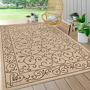 JONATHAN Y SMB106A-8 Charleston Vintage Filigree Textured Weave Indoor Outdoor Area Rug Classic Coastal Easy Cleaning Bedroom Kitchen Backyard Patio Non Shedding, 8 X 10, Beige/Brown