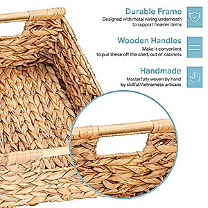 Large Wicker Basket Rectangular with Wooden Handles for Shelves, Water Hyacinth Basket Storage, Natural Baskets for Organizing, Wicker Baskets for Storage 15.5 x 10.8 x 6.2 inches