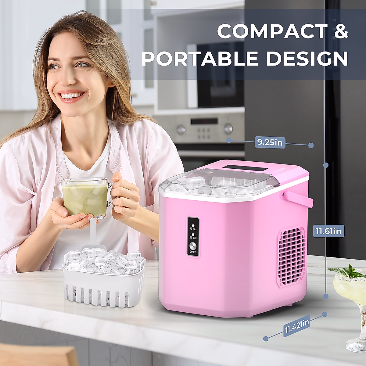 EUHOMY Ice Makers Countertop - 9 Cubes in 6 Mins, 26lbs/Day, Portable Ice Maker with Carry Handle, Self-Cleaning Ice Maker with Ice Scoop & Basket, Compact Ice Maker for Home/Kitchen/Office/RV.(Pink)