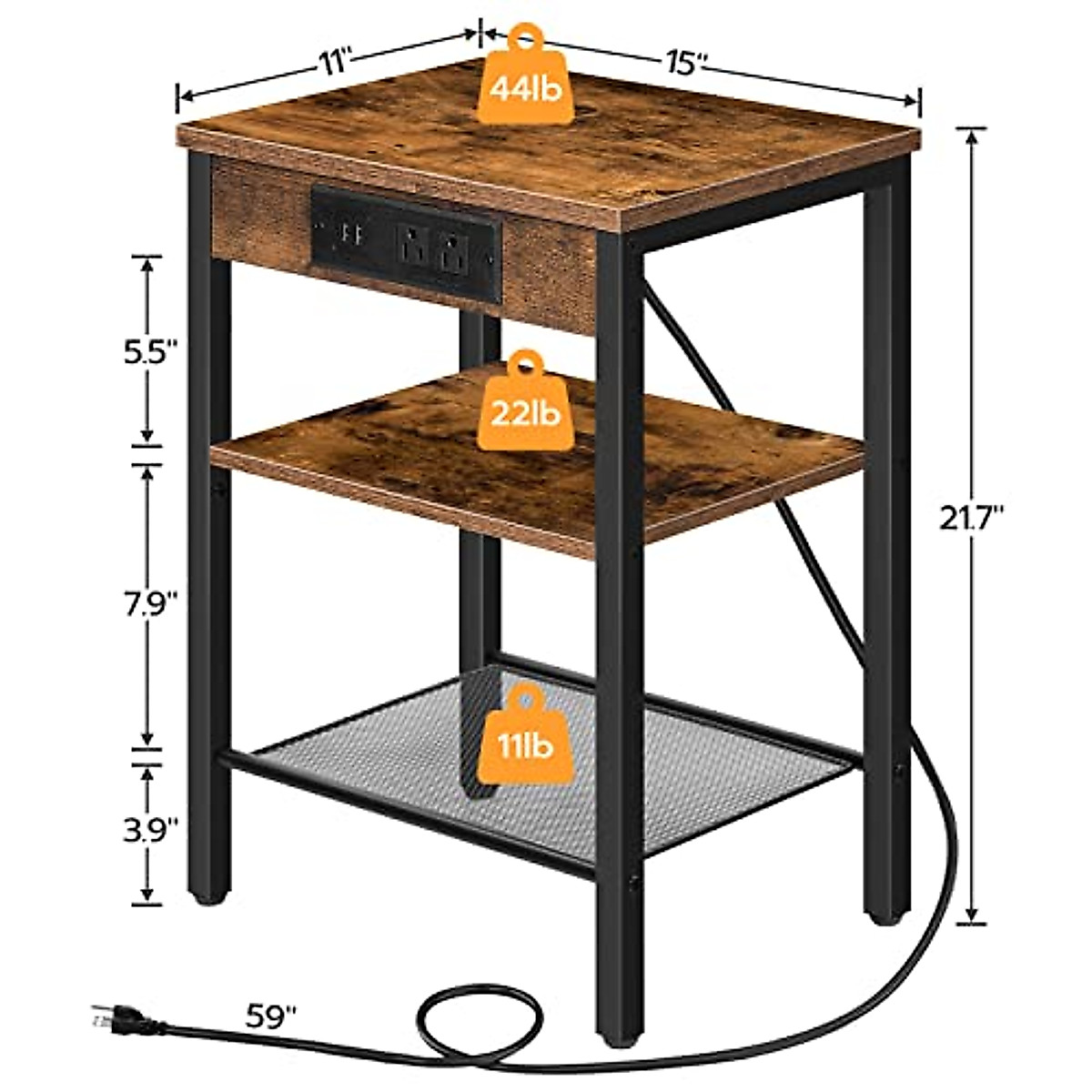 HOOBRO End Table Set of 2 with Charging Station and USB Ports, 3-Tier Nightstands with Adjustable Shelf, Narrow Side Table for Small Space in Living Room, Bedroom and Balcony, Rustic Brown BF112BZP201