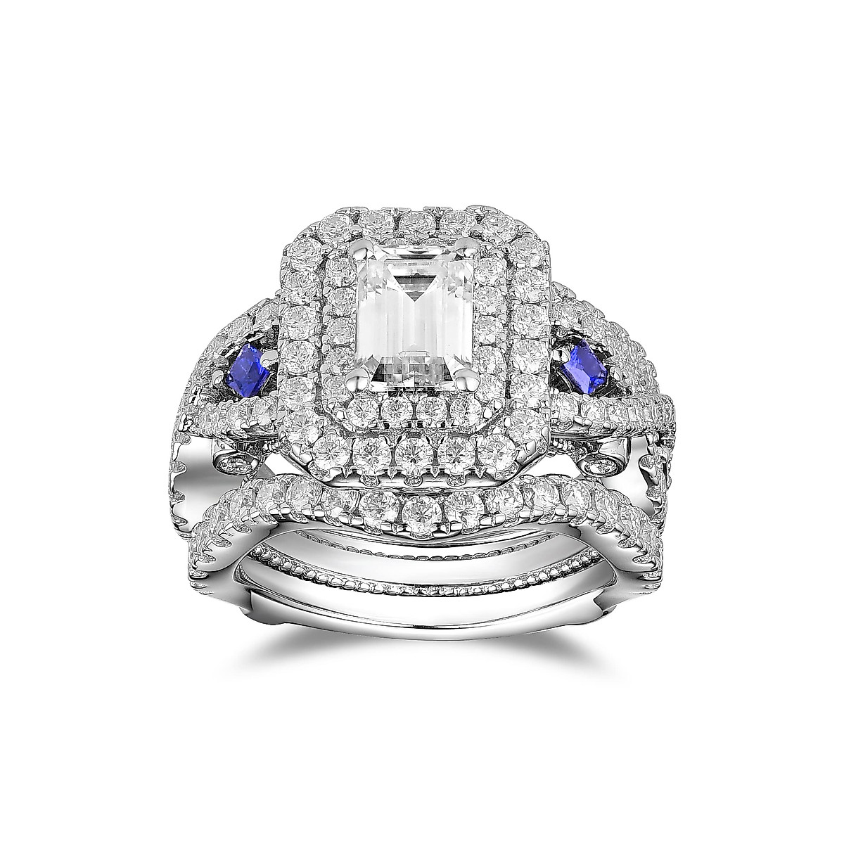 DovEggs 3.2ct Total 5x7mm GHI Emerald Cut Moissanite Antqiue Double Halo Engagement Ring Moissanite&Blue Sapphire Accents Curved Enhancer Guard Wedding Ring Set 14k Gold Quality Sterling Silver(6)