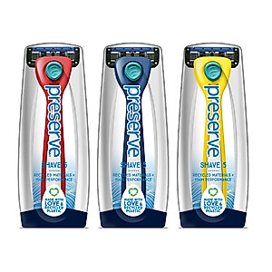 Preserve Shave 5 Five Blade Refillable Razor, Made from Recycled Materials, Assorted Colors: Red/Blue/Yellow (Color May Vary)