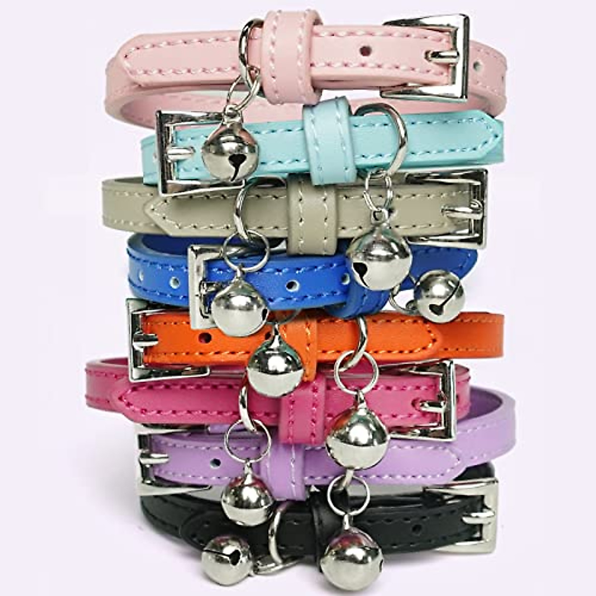 PUPTECK 2 PCS Soft Leather Cat Kitten Collar with Bells Adjustable for Girl Boy Cats Puppy - Orange, Purple