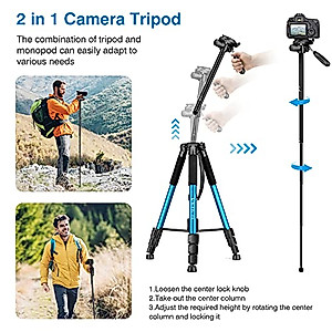 Victiv 72-inch Camera Tripod Aluminum T72 with Phone Tripod Mount- Lightweight Tripod & Monopod Compact for Travel with 2 Quick Release Plates for Canon Nikon DSLR Video Shooting - Blue