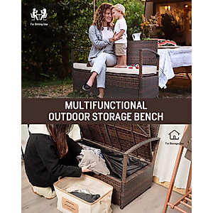 OYODHPDU 60 Gallon Outdoor Storage Bench- All Weather PE Rattan Deck Box- Deck Box w/Thick Seat Cushion- Patio Sofa Storage Bench with Cushion for Porch, Yard, Lawn, Garden (Brown)