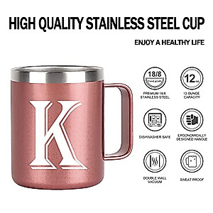 Aletege Letter K Stainless Steel Insulated Mug with Handle, Personalized Initial Mug, Gifts for Women Men Wedding Birthday Graduation Party Letter K 12OZ Rose Gold