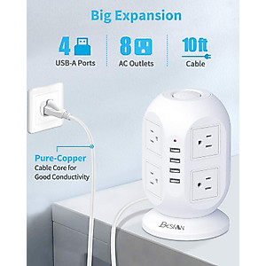 Surge Protection Power Strip Tower, BESFAN 10 FT Extension Cord with 8 AC Outlets and 4 USB Ports, Indoor Extension Cord with Overload Protection