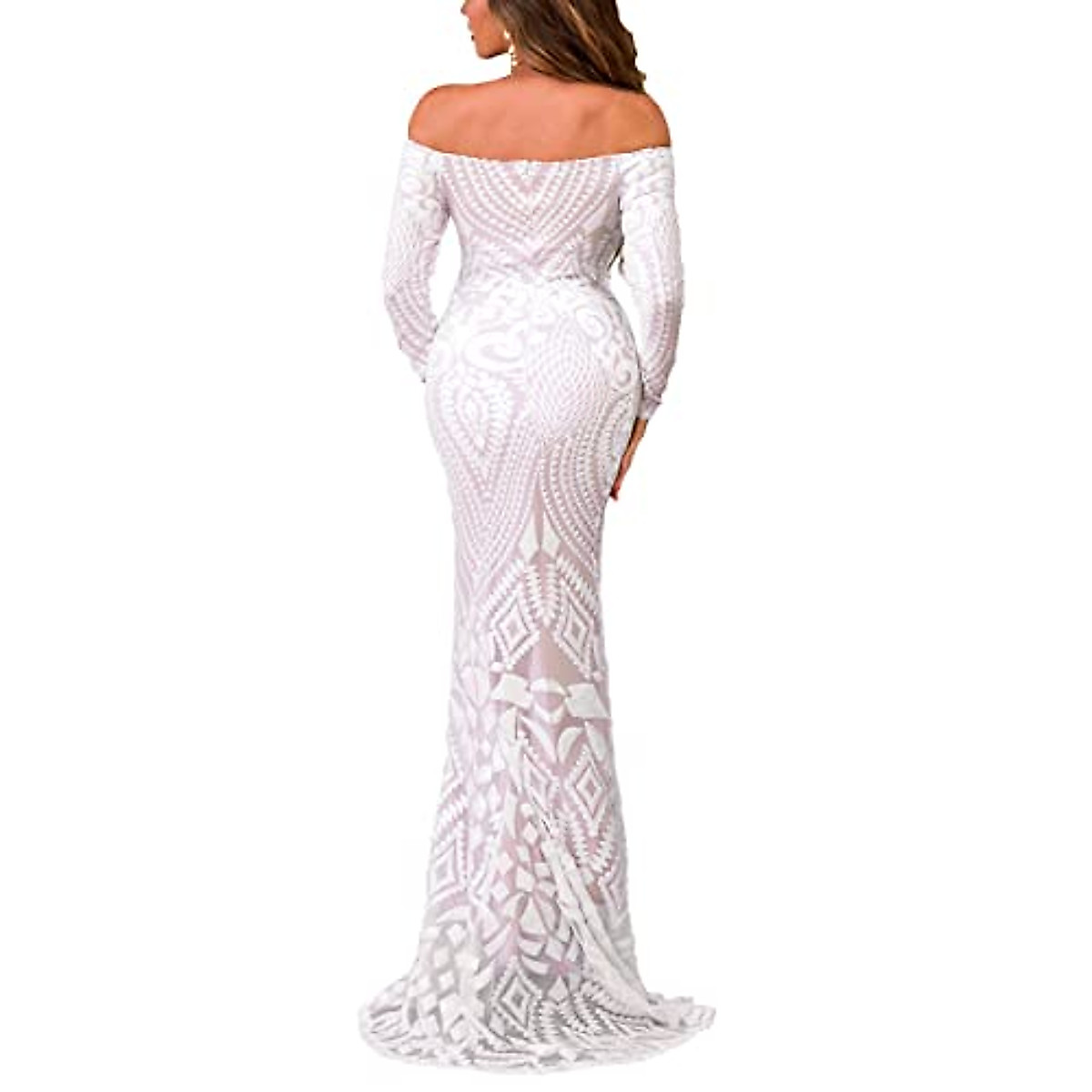 Yissang Women's Off Shoulder Floral Sequined Wedding Evening Mermaid Maxi Long Dress Bridal Gowns White Large