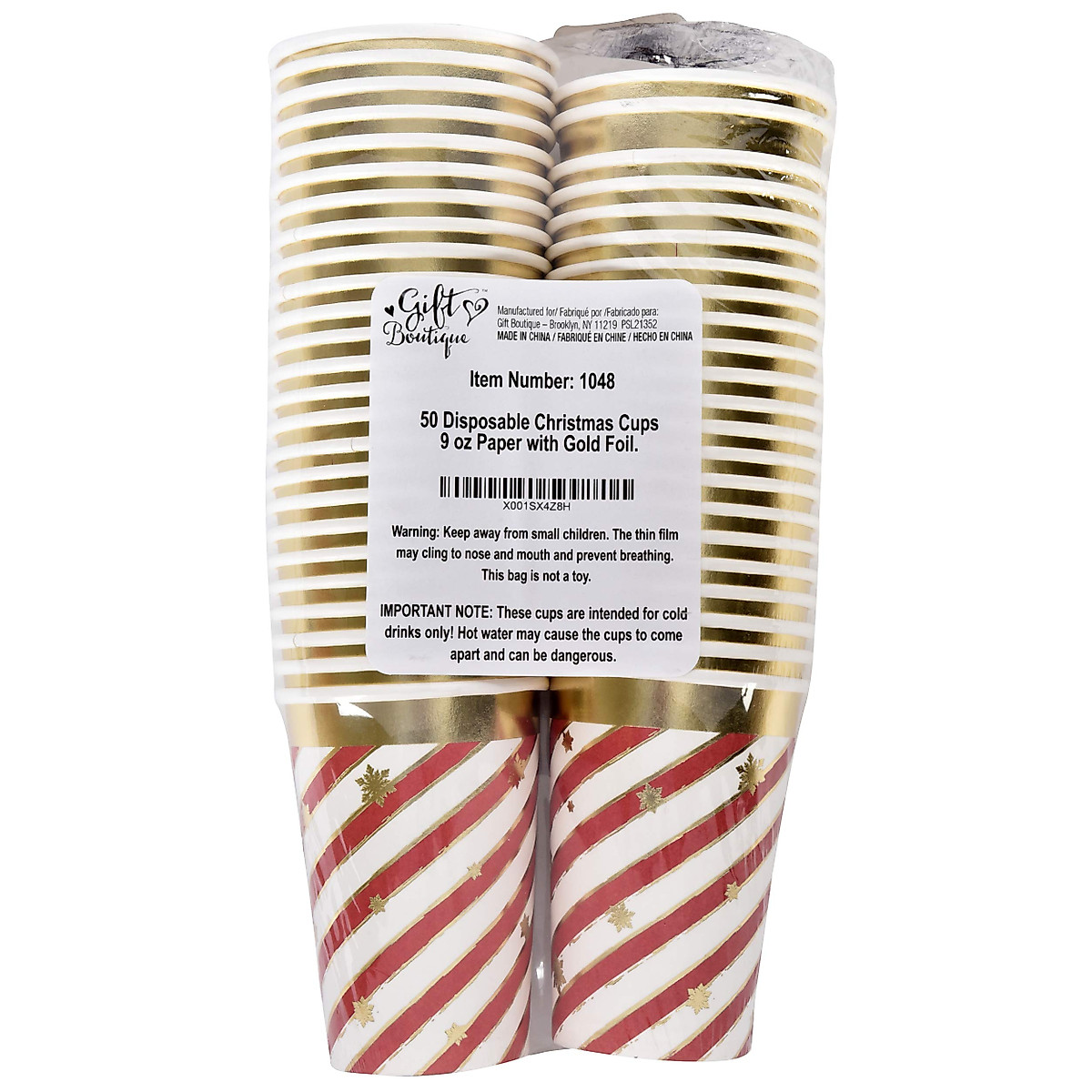 Gift Boutique 50 Disposable Christmas Cups 9 oz. Paper in Elegant Candy Cane Striped Design with Gold Foil Outline and Scattered Snowflakes for Holiday Party Supplies