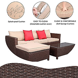 L-DREAM Patio Porch Sofa 5-Piece Set - Rattan Seating Sofa with Tea Table - Brown PE Wicker Rattan - with Washable Couch Cushions - for Outdoor Garden Backyard Poolside Furniture (Color : Brown)