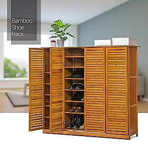 MoNiBloom Large Multi-Tier Shoe Storage Cabinet with Shutter Doors, Bamboo Shoe Floor Storage Organizer Rack for 31-35 Pairs Entryway Hallway Mudroom, Brown
