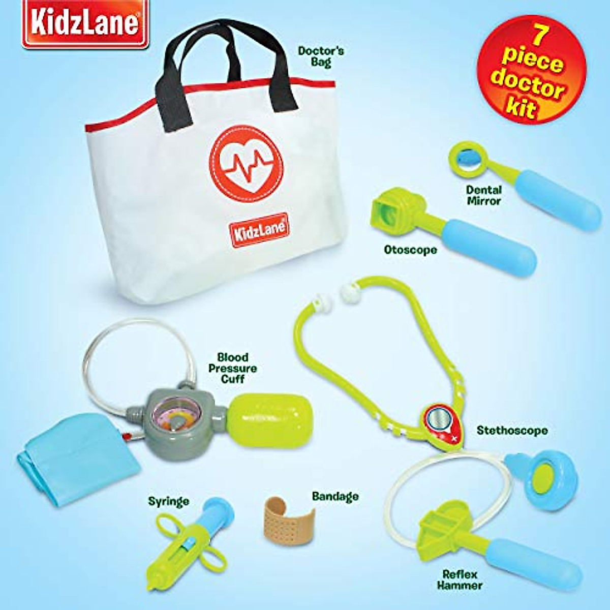 Kidzlane Play Doctor Kit for Kids and Toddlers - Kids Doctor Play Set - 7 Piece Dr Set with Medical Storage Bag and Electronic Stethoscope for Kids - Ages 3+