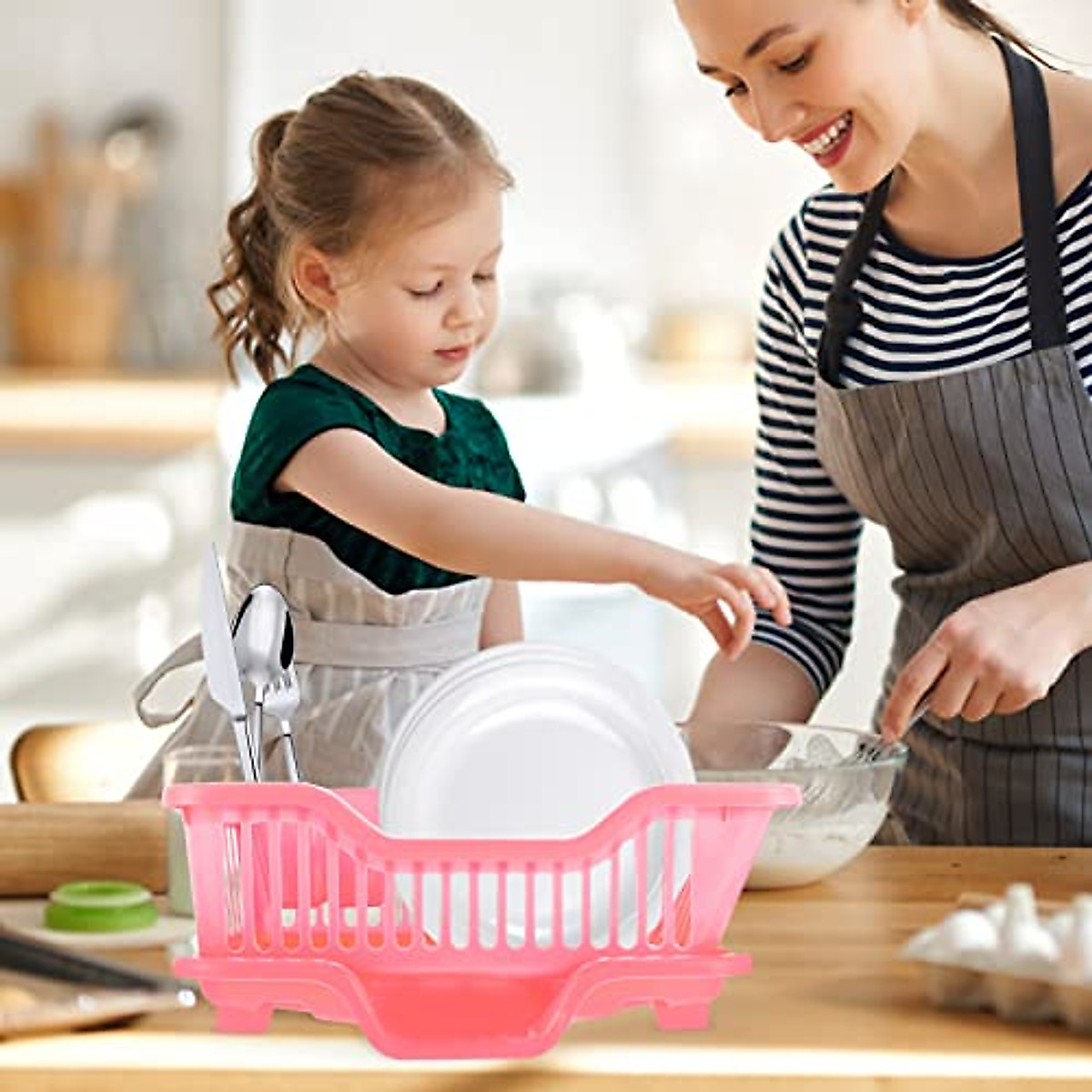 Zerodeko Kitchen Dish Drying Rack with Cutlery Holder Drainboard and Water Spout Plastic Dish Drainer Dinnerware Basket for Kitchen Counter Cabinet Pink