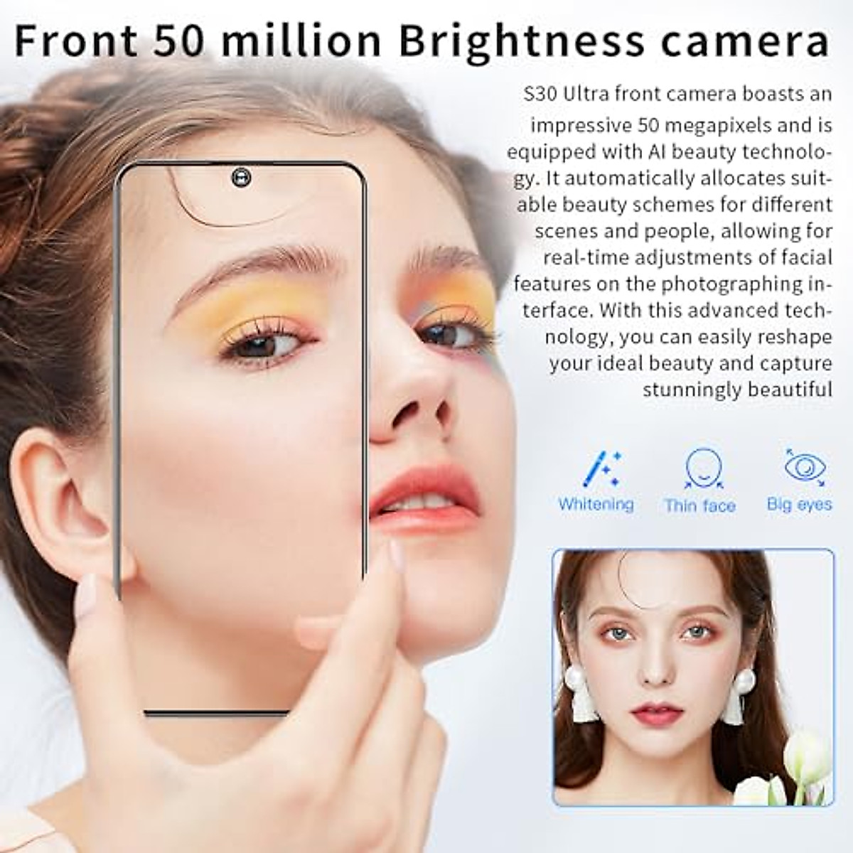 RAYPUR Cell Phone S30 Ultra 7.0HD Android13 5G Phone 8GB 256GB Smartphone 6800mAh 108MP Face Unlock NFC Snapdragon 8 Gen2 Mobile Phones,White-256GB