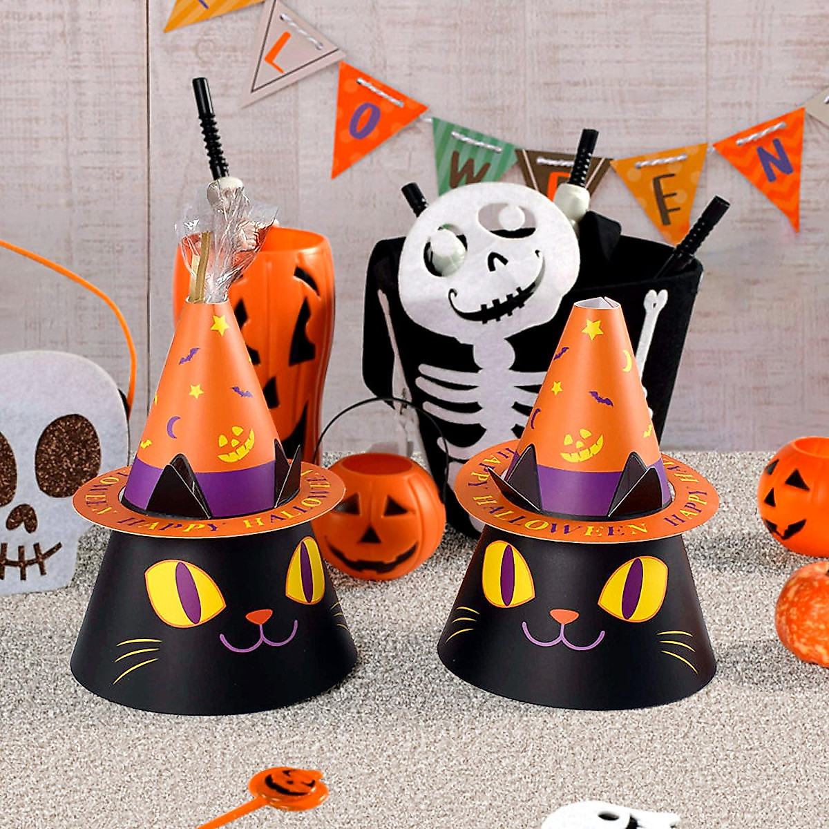 PARBEE Halloween Treat Boxes 20 Set Black Cat Candy Box with Cellophane Cookie Bags & Twist Ties, Trick or Treat Goodie Bags Halloween Party Tabeltop Centerpiece