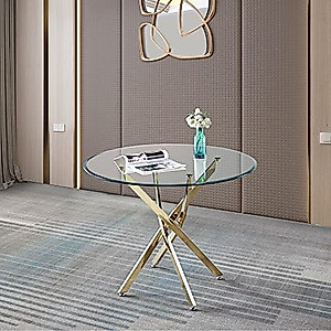 36" Round Dining Table for 4, Glass Kitchen & Dining Room Tables, Modern Circle Dining Room Table with 0.39" Tempered Glass Tabletop and Gold Finish Stainless Steel Legs for Dinner Small Spaces