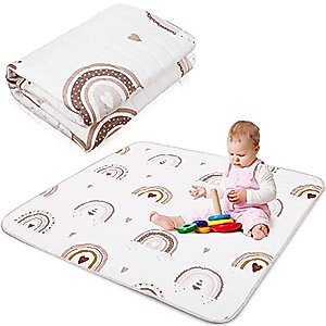 Boho Rainbow Portable Baby Play Mat, 43 x 43 Inch Washable Foldable Crawling Mat, Non Slip Playmat for Babies, Kids Play Mats Pad for Floor Playpen Toddler Infants Tummy Time Activity